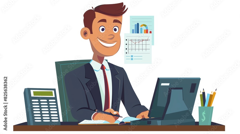 Accountant in suit flat design side view corporate theme cartoon ...