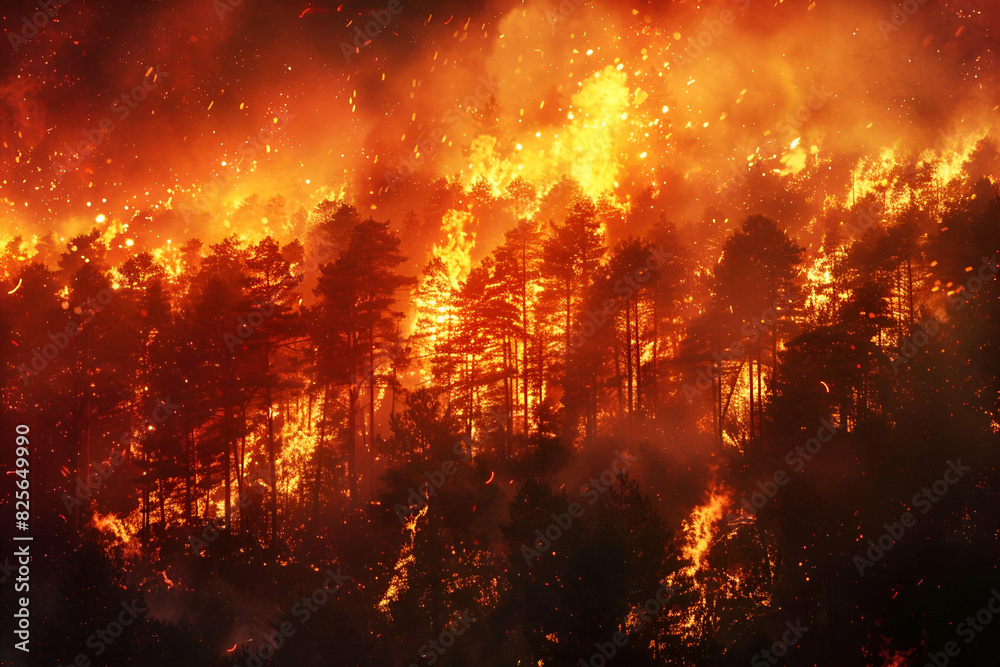 Wildfire raging through a forest, demonstrating the devastating effects ...