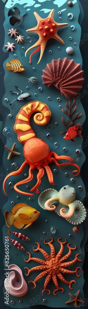 Sea creatures in the ocean flat design top view underwater theme 3D render Splitcomplementary ...