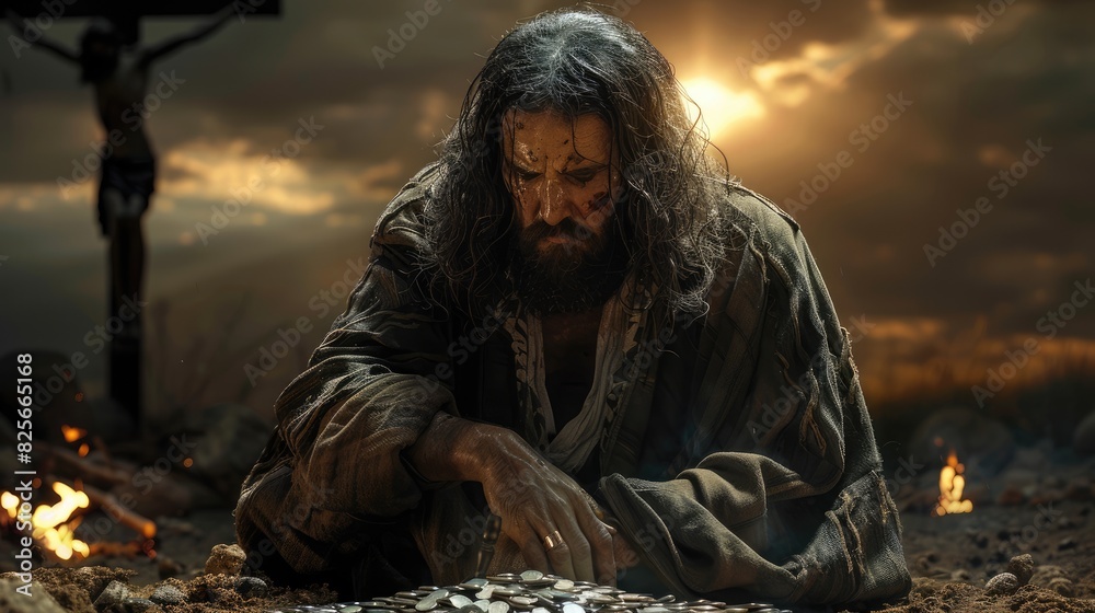 Betrayal scene of Judas thirty pieces of silver, shadow of betrayal and ...