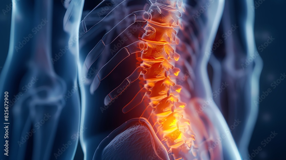 human back pain, with a red glowing area of the spine on a blue ...