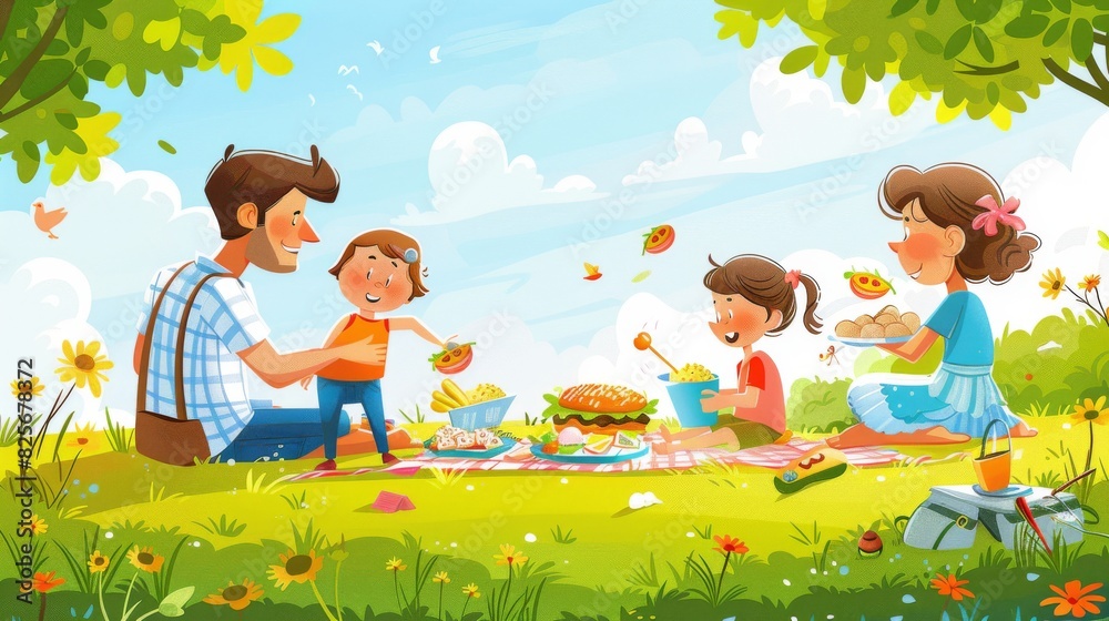 Vibrant cartoon vector of a family having a picnic in a park, with a ...