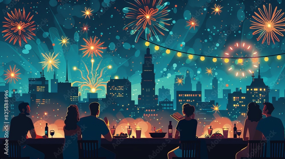 Festive cartoon vector of a rooftop party with people enjoying food and ...