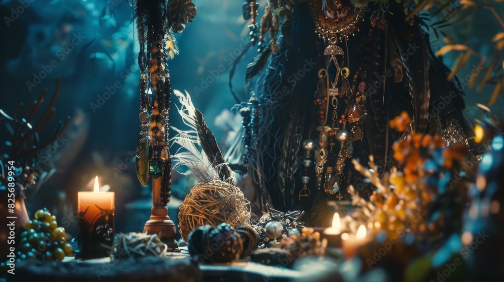 An enchanting close-up of a shaman's ritual space, filled with magical ...