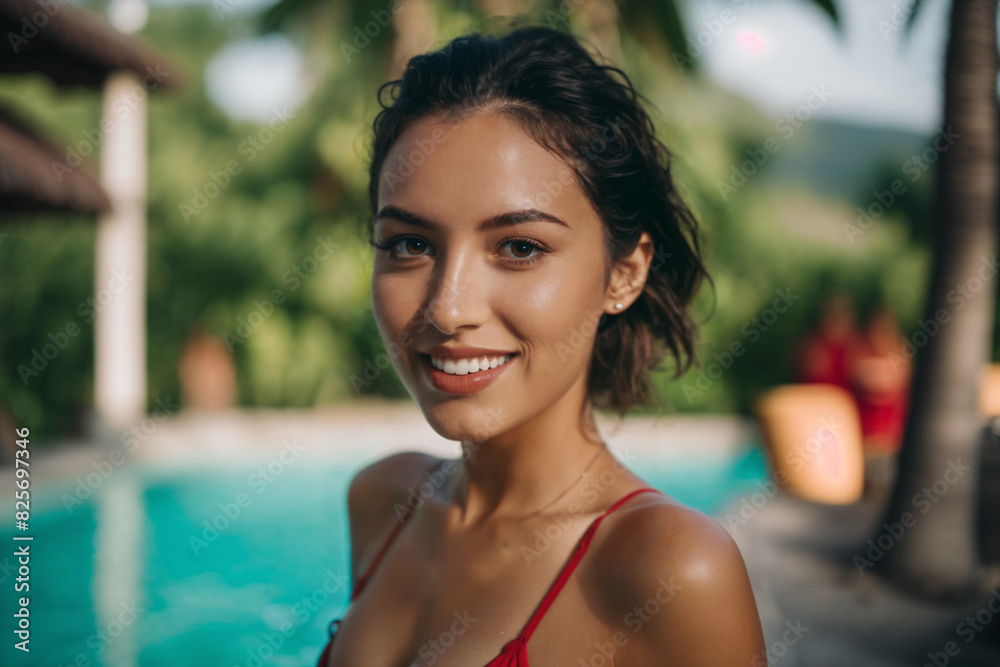Woman in red bikini at swimming pool on tropical island, villa on hill ...