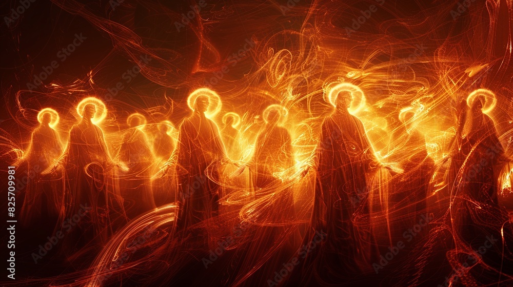 Pentecost with tongues of fire appearing as digital flames apostles ...