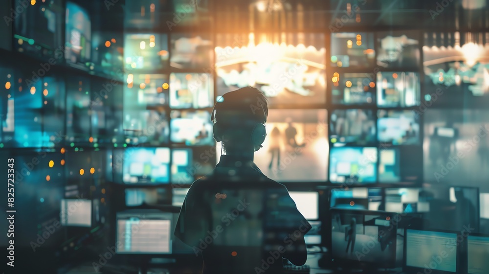 Telecommunications control room close up, focus on, Double exposure ...