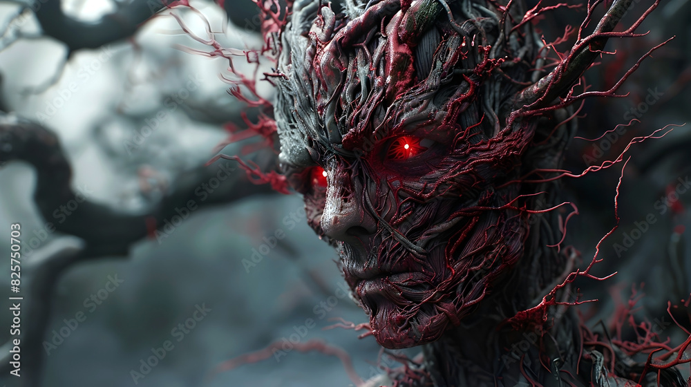 Corrupted Humanoid Plant Creature with Glowing Crimson Eyes and Twisted ...