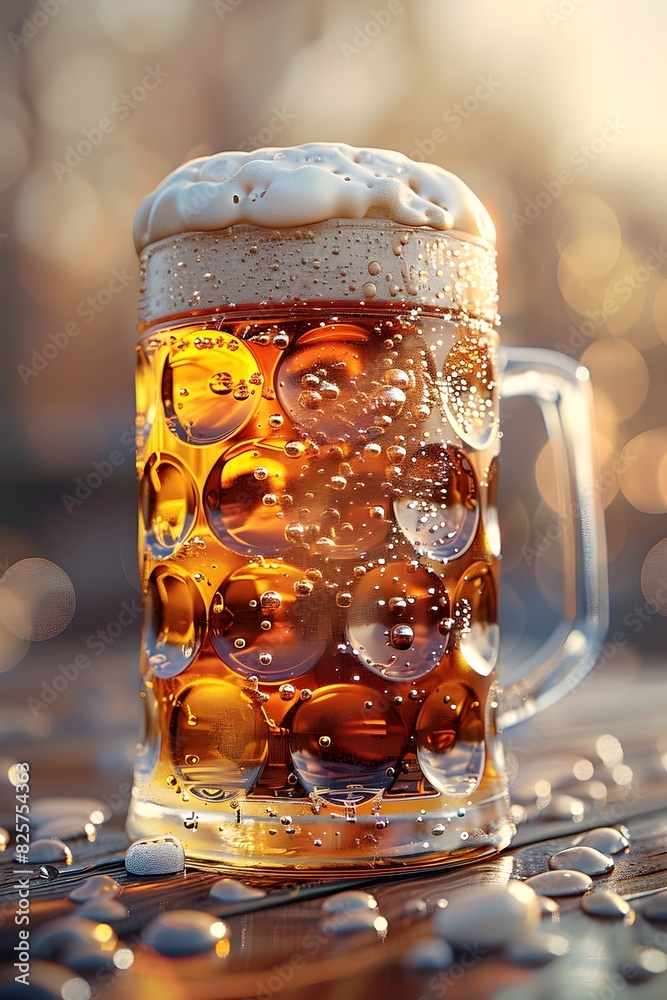 Overflowing Amber Beer Mug with Intricate Foam Textures in Traditional ...