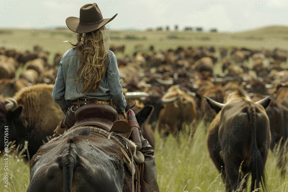Cowgirl on horseback herding cattle through the open plains, showcasing ...