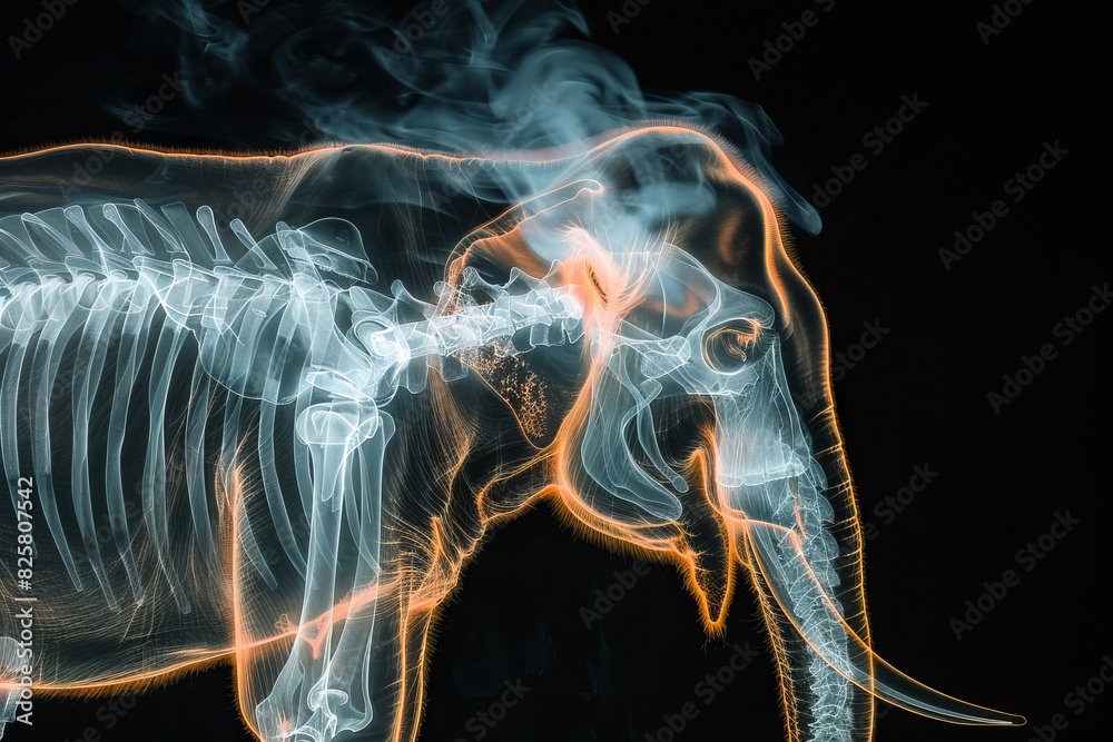 X-ray film of elephant lateral view closed up in head and half body ...