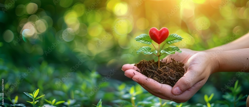 Hands holding soil with a young plant and a red heart symbol ...