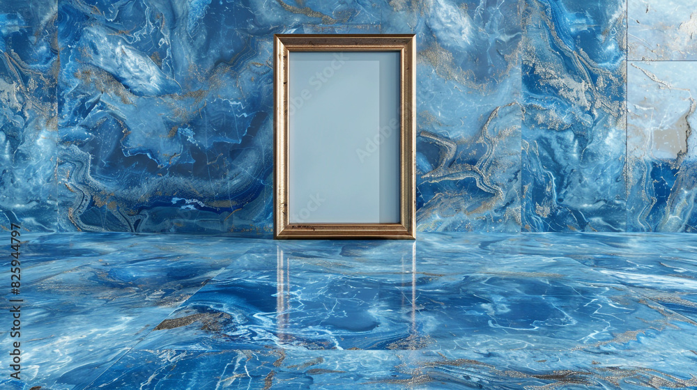 Elegant gallery with a 3D empty frame on a luxurious Lemurian Blue ...