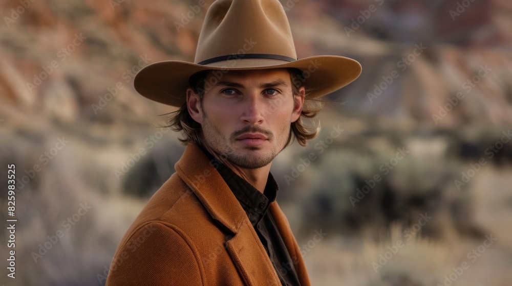 Model showcases a modern take on the iconic cowboy hat with a sleek and ...