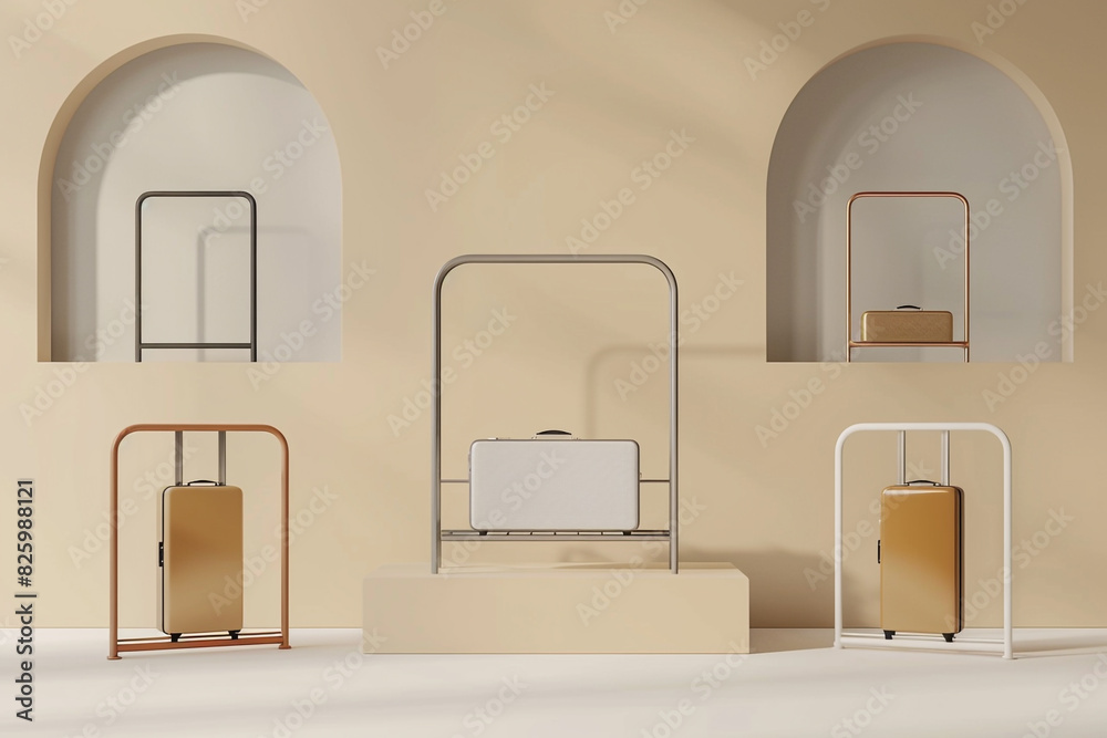 High-definition 3D mockup of a minimalist luggage rack in various ...
