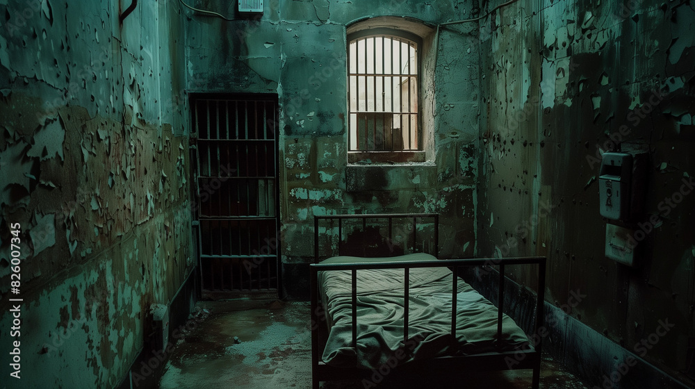 A terrifying image of an abandoned, destroyed prison cell, where rusty ...