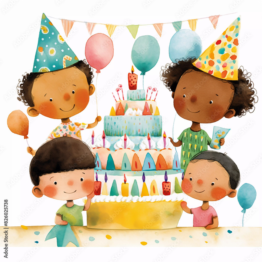 Cartoon illustration of a group of little kids celebrating a birthday ...