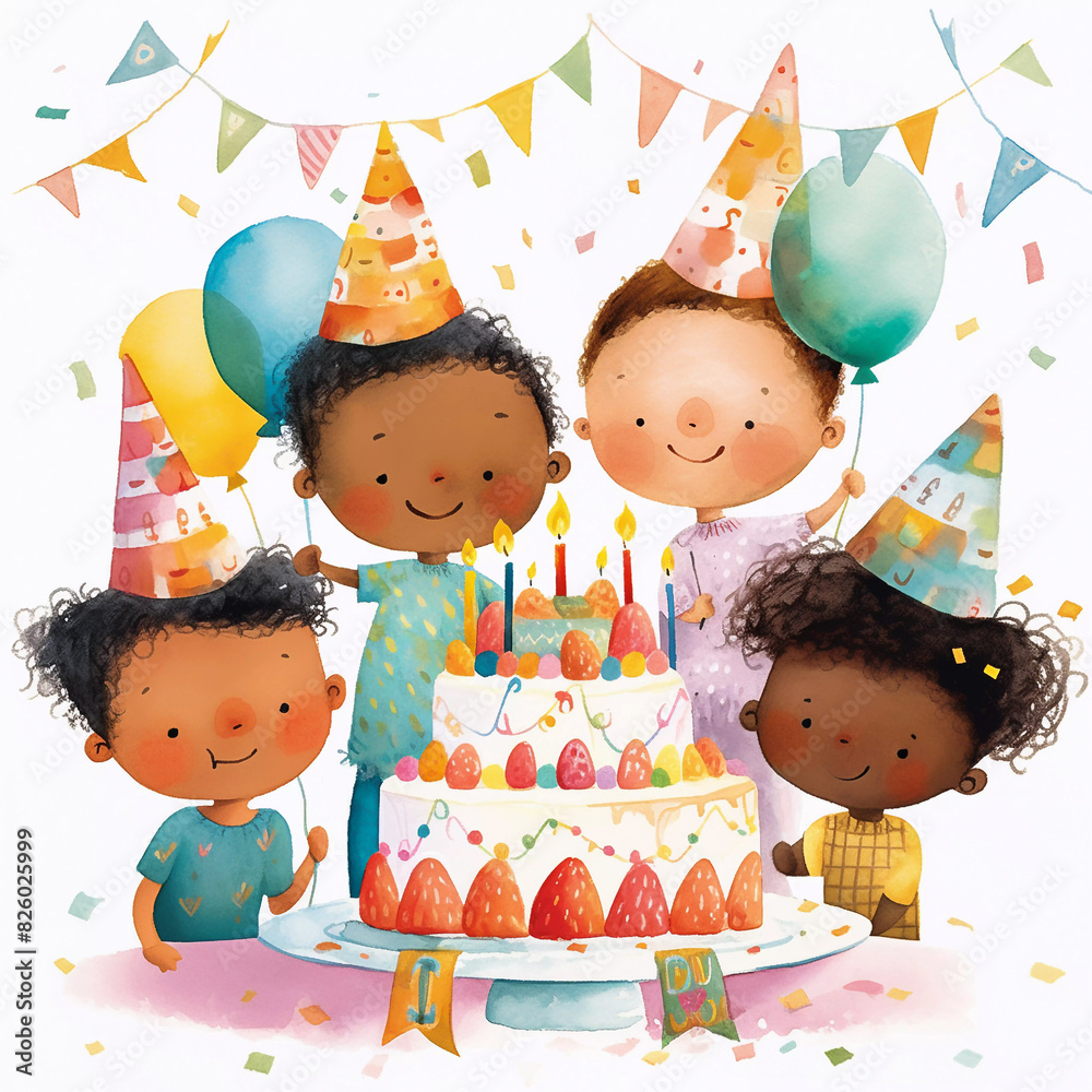 Cute cartoon little kids celebrating a birthday with a cake. Happy ...