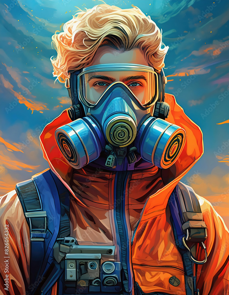 portrait of a young blond man in the EPI suit and gas mask embodying ...