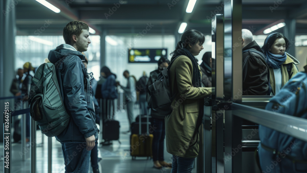 Travelers patiently queue at a modern airport terminal, reflecting the ...