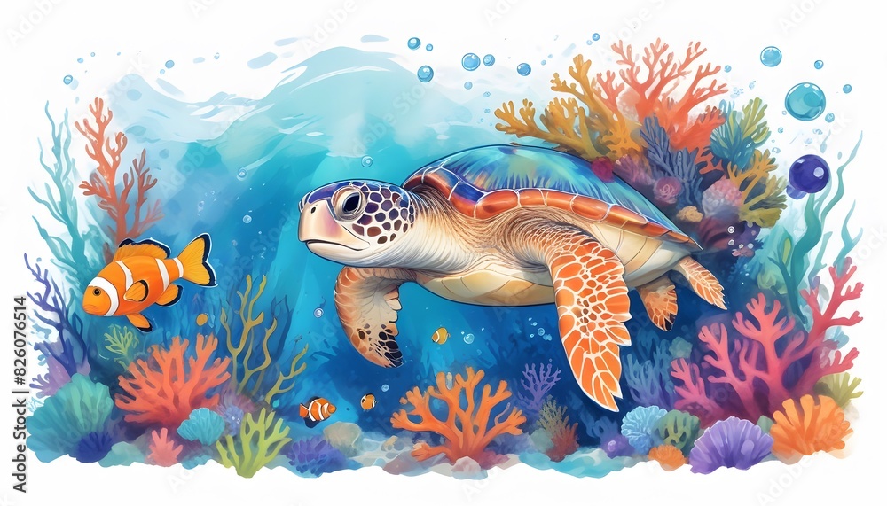 Set with hand-drawn sea life elements. Vector doodle cartoon set of marine life objects for your ...