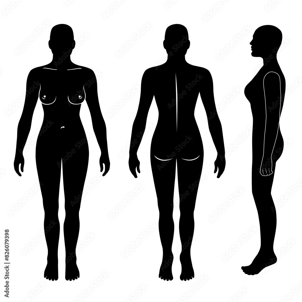 Full length front, back, side view of a lean bald standing naked woman ...