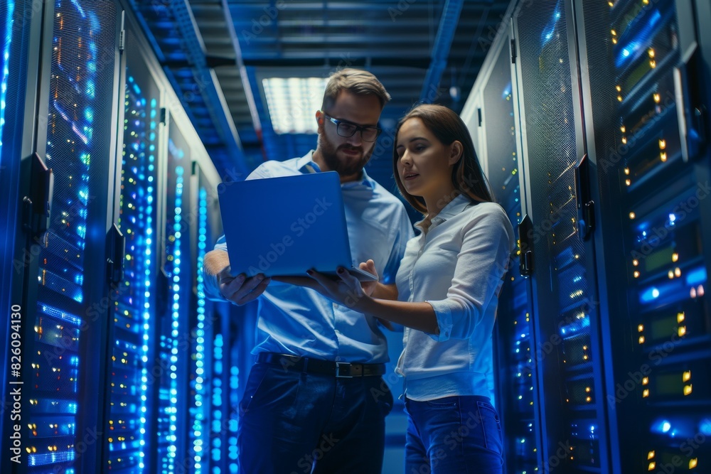 A man and a woman are looking at a laptop in a server room Stock Photo ...