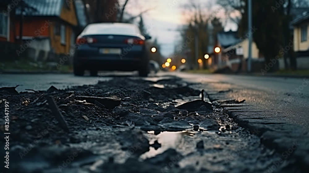 Very bad quality street with potholes. Damaged asphalt pavement road ...