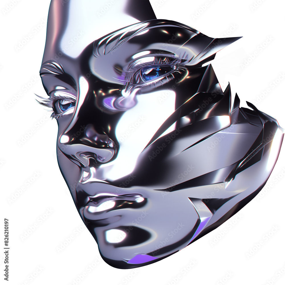 Futuristic chrome woman face isolated. Shiny gloss metal human head ...