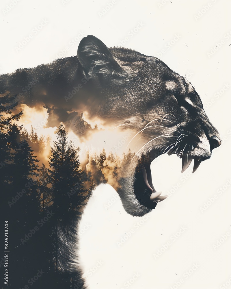 Double exposure of a roaring wildcat with a forest landscape ...