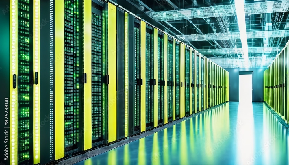 Interior of a modern data center server room with rows of high-tech ...