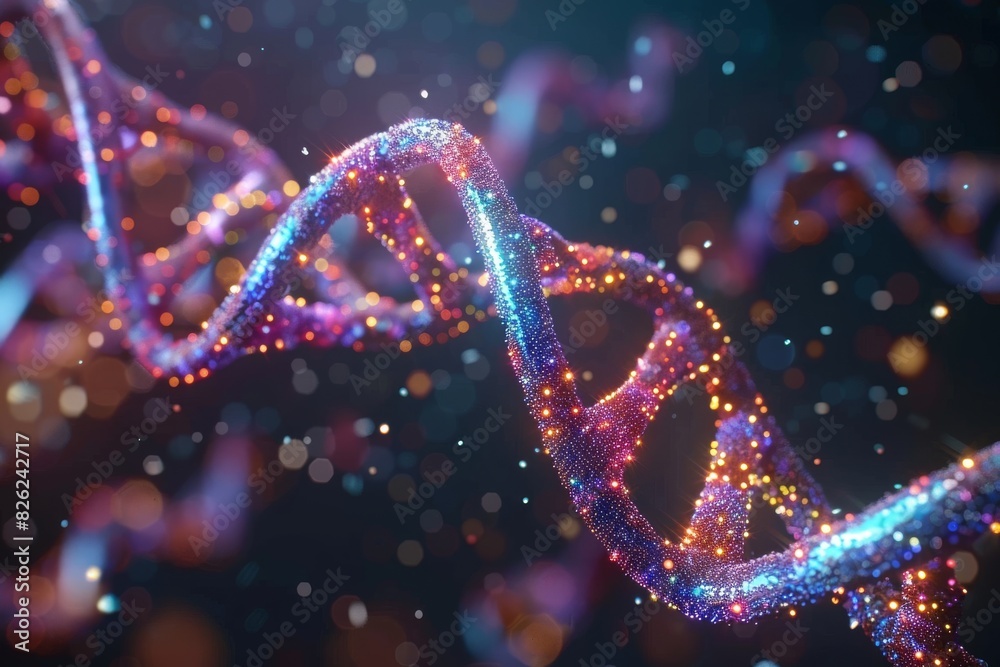 Sparkling DNA sequence with cosmic particles, depicting the celestial ...