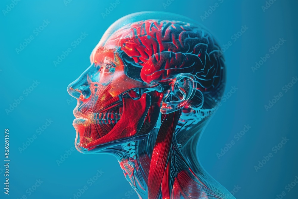 Detailed anatomical rendering of human head showcasing brain and ...