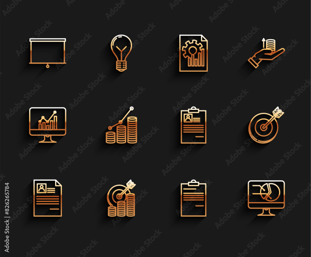 Set line Resume, Target with coin symbol, Chalkboard, Document, Computer monitor graph chart ...