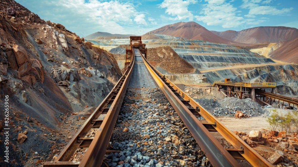 Rail tracks extend into a vast open-pit mine, surrounded by rocky ...