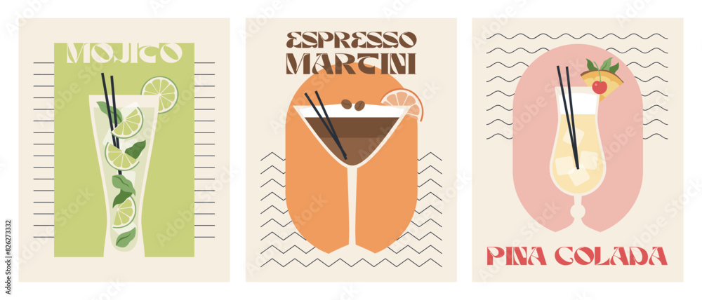 Poster drink set. Cocktail arts. Retro posters with alcohol cocktails ...