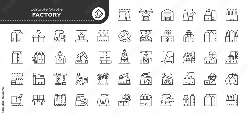 Factory and industry line icon set. Plant, manufacture and production ...
