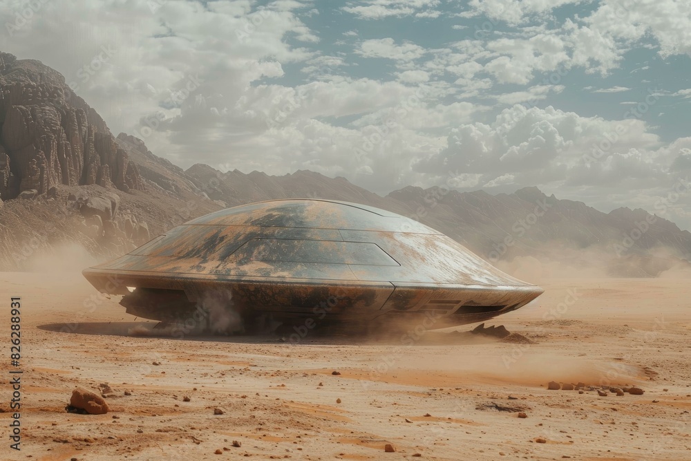 Otherworldly ufo landing scene in the remote and barren desert ...