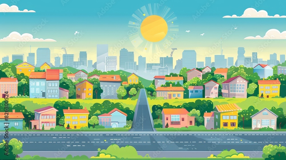 Cartoon flat urban panorama with different city buildings - office ...