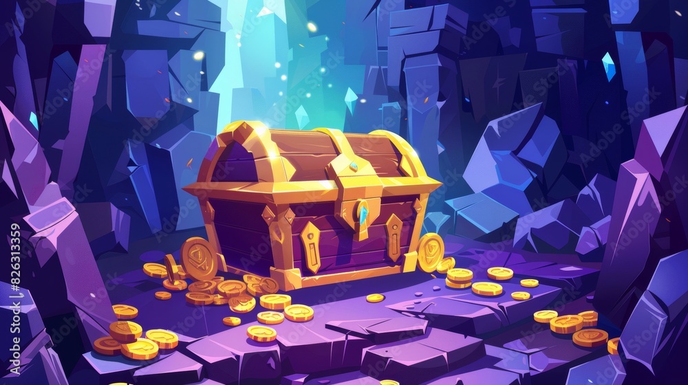 This is a modern illustration of a treasure cave with chest full of ...
