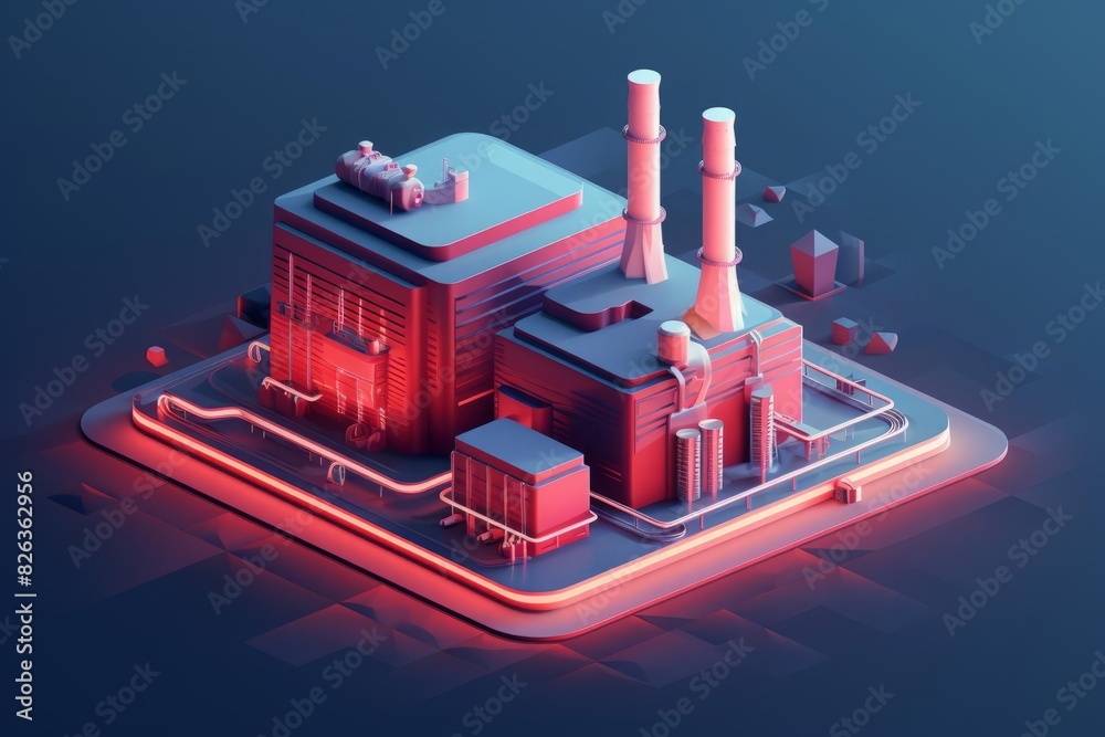A detailed graphic of an industrial power plant in an isometric view ...