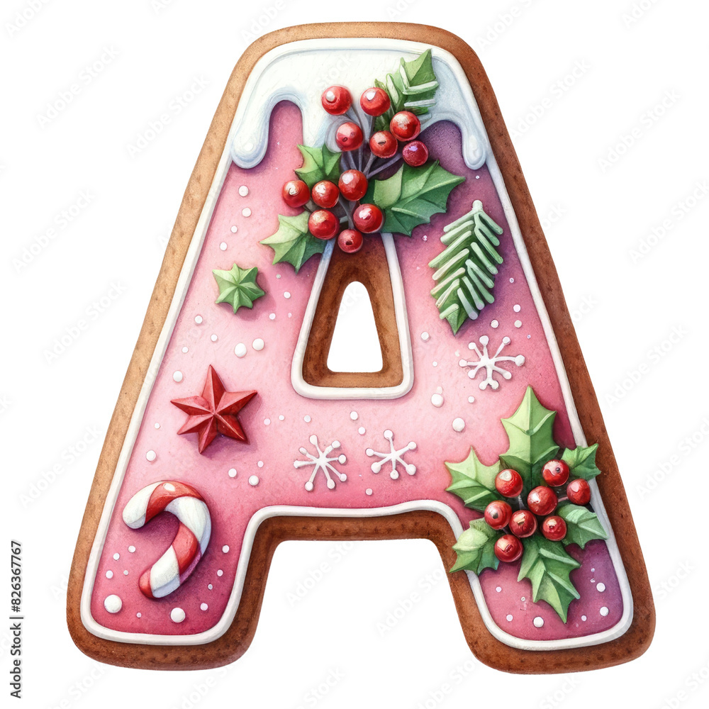 Christmas themed uppercase letter A with pink gingerbread cookie with ...