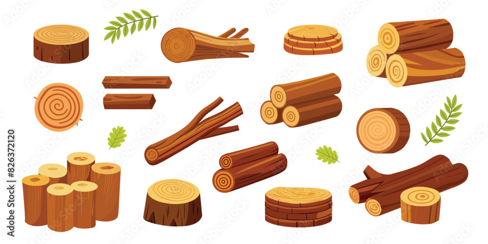Lumber industry wood logs. Tree trunks, stumps, planks, piled firewood. Hardwood timber ...
