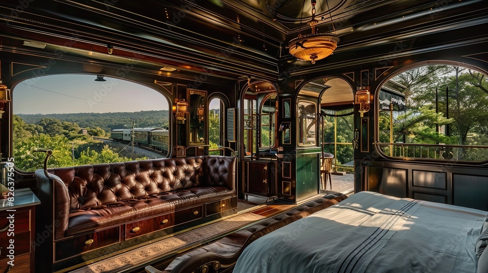 bedroom with a vintage train car theme, complete with dark wood ...