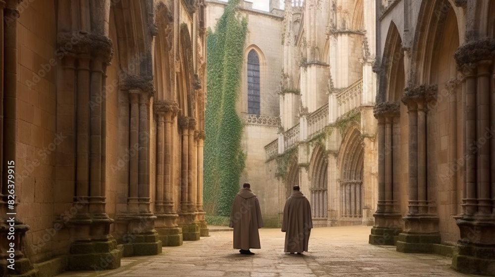 The image portrays two figures, likely monks, walking along the ...