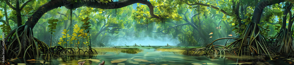 Mangrove Swamp: A mysterious mangrove swamp scene with tangled mangrove ...