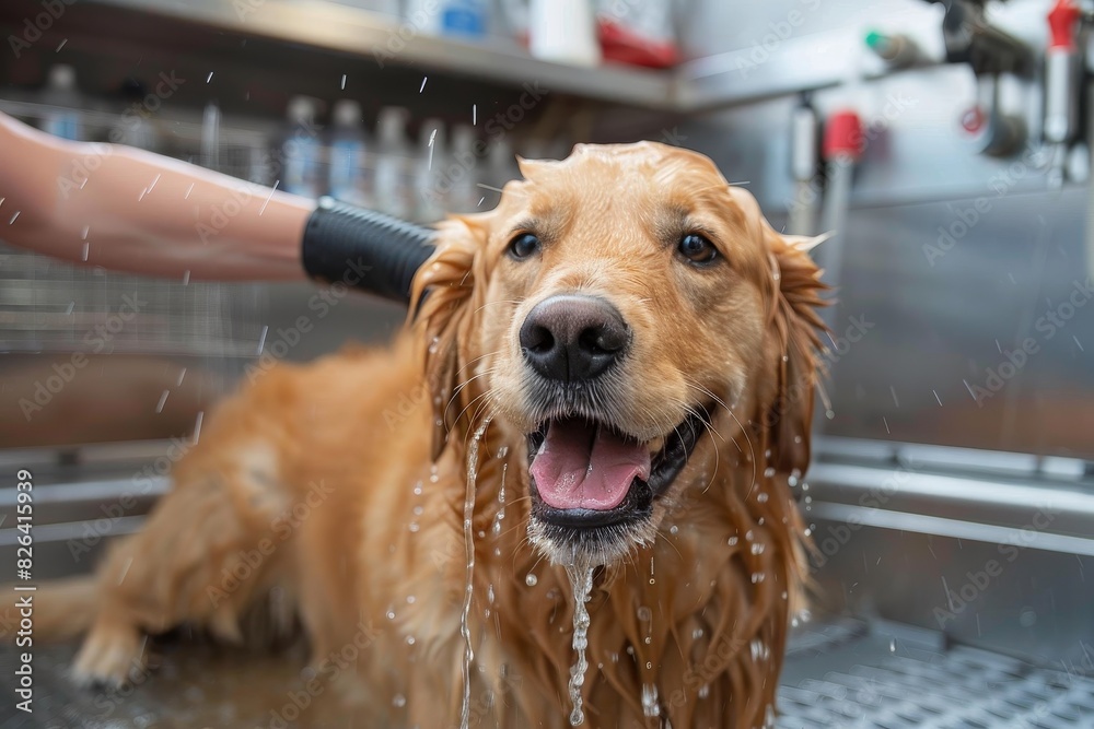 Joyous golden retriever being groomed under a shower with water ...