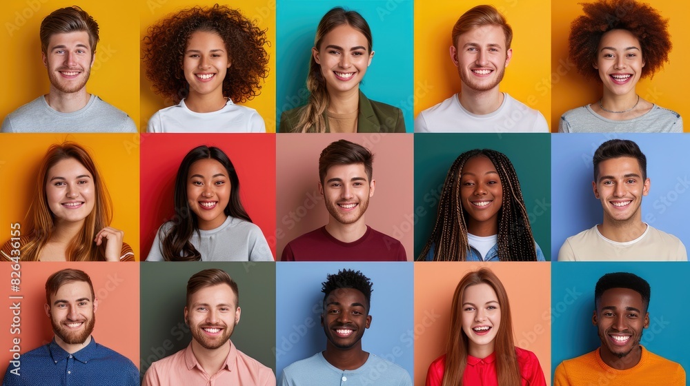 Set of smiling teens photo of various nationalities on color background ...