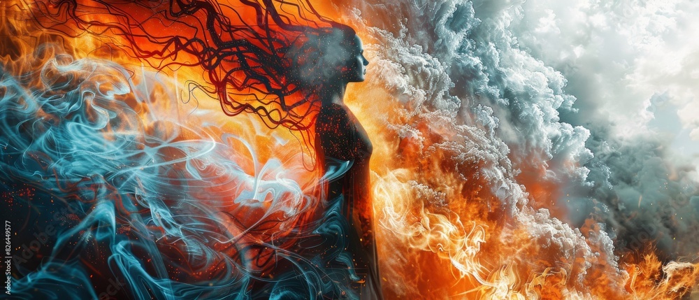 Surreal image of a woman amidst contrasting elements of fire and smoke ...