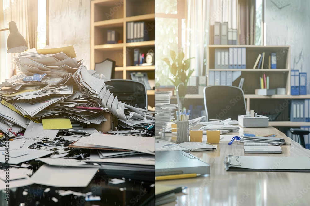 A split image showcasing a messy desk overflowing with papers and ...